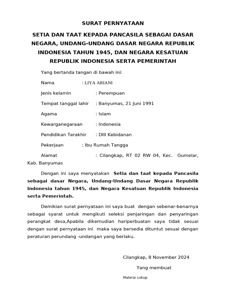 Contoh Surat Pernyataan Setia Dan Taat KPD Pancasila | PDF