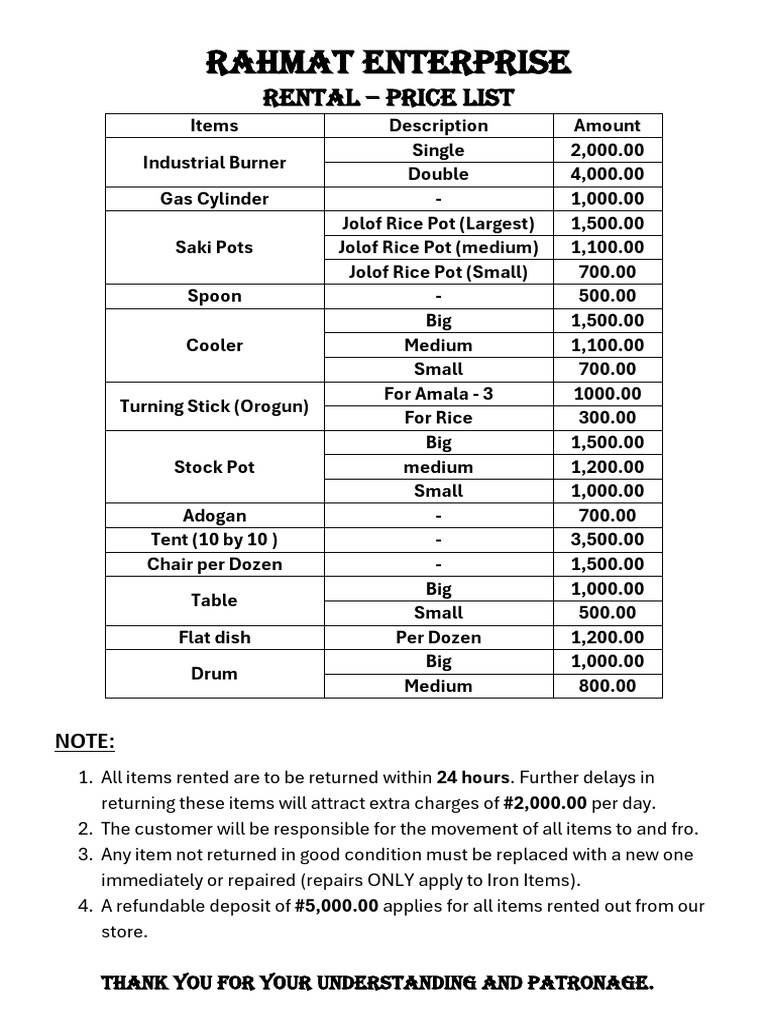 Rental Price List | PDF