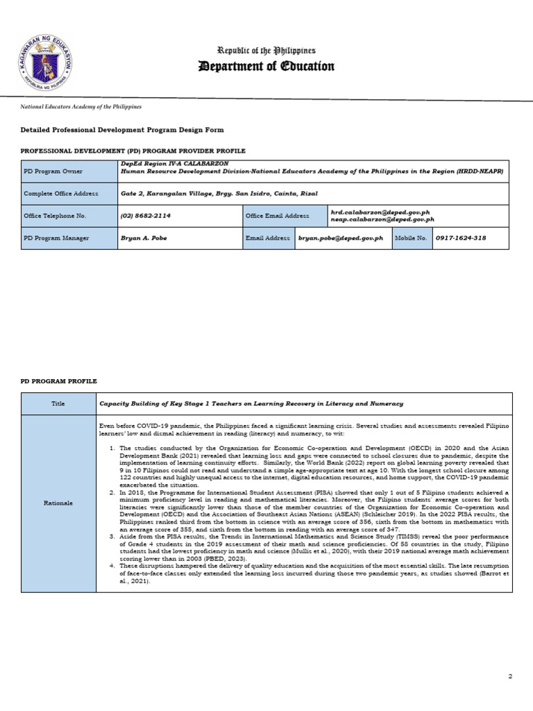 Detailed PD Program Design and M - E Plan Form | PDF | Lesson Plan | Literacy