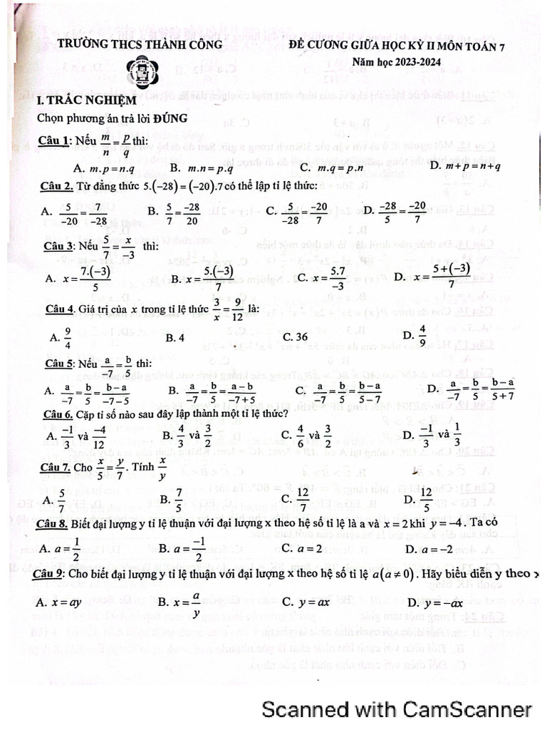 Toán 7 Đề cương GK2 | PDF