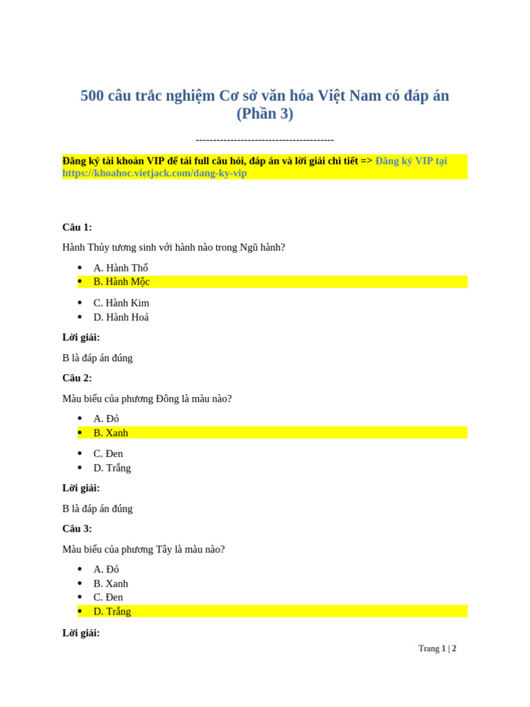 500 Cau Trac Nghiem Co So Van Hoa Viet Nam Co Dap An Phan 3 - 2024 - 11 ...