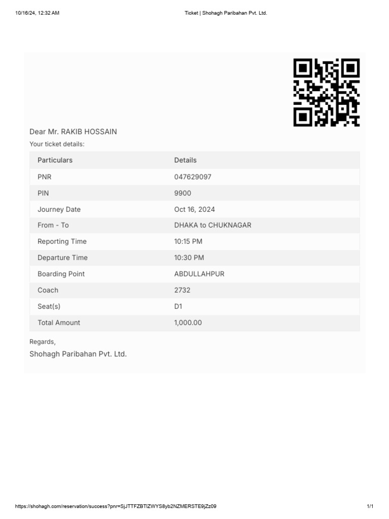 Ticket - Shohagh Paribahan Pvt. LTD | PDF