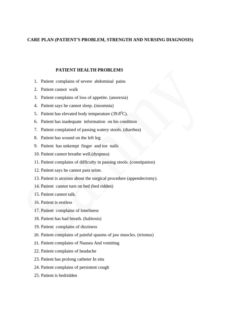 Patient Care Plan: Problems and Strengths | PDF | Nausea | Medical ...