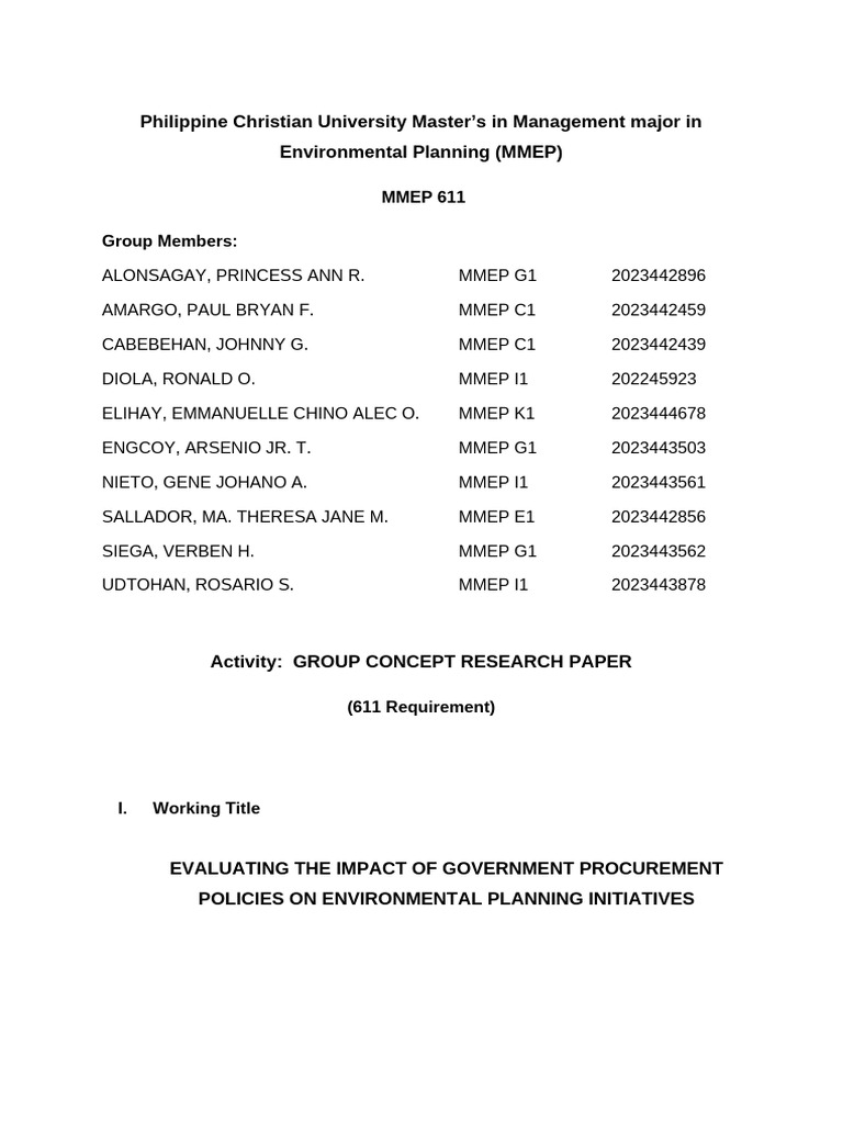 MMEP 611 Activity CONCEPT PAPER GROUP 11 AMARGO ET - AL | PDF | Survey Methodology | Procurement