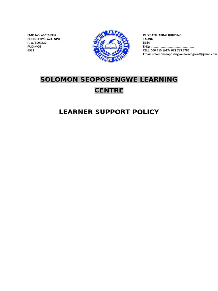 Learner Support Policy | PDF | Learning | Teachers