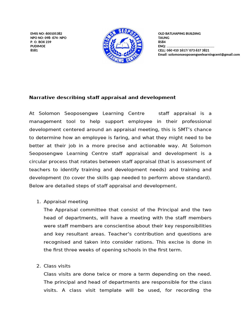 Narrative Describing Staff Appraisal and Development | PDF ...