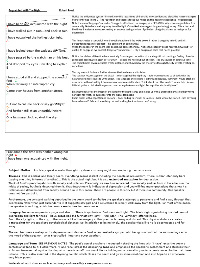 Robert Frost's "Acquainted With The Night" Analysis | PDF | Stanzaic ...