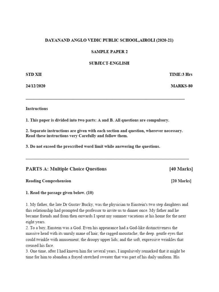 Sample Paper 2 English XII | PDF | Foods | Albert Einstein