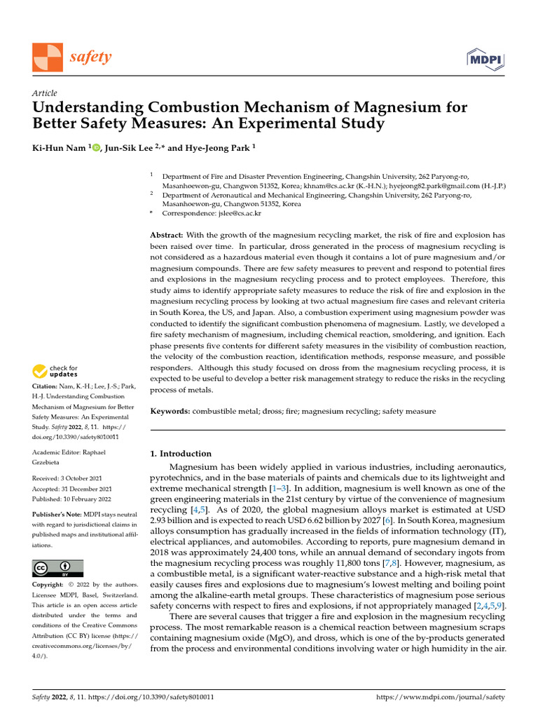 Nam, K.-H. Et Al. Understanding Combustion Mechanism of Magnesium For ...