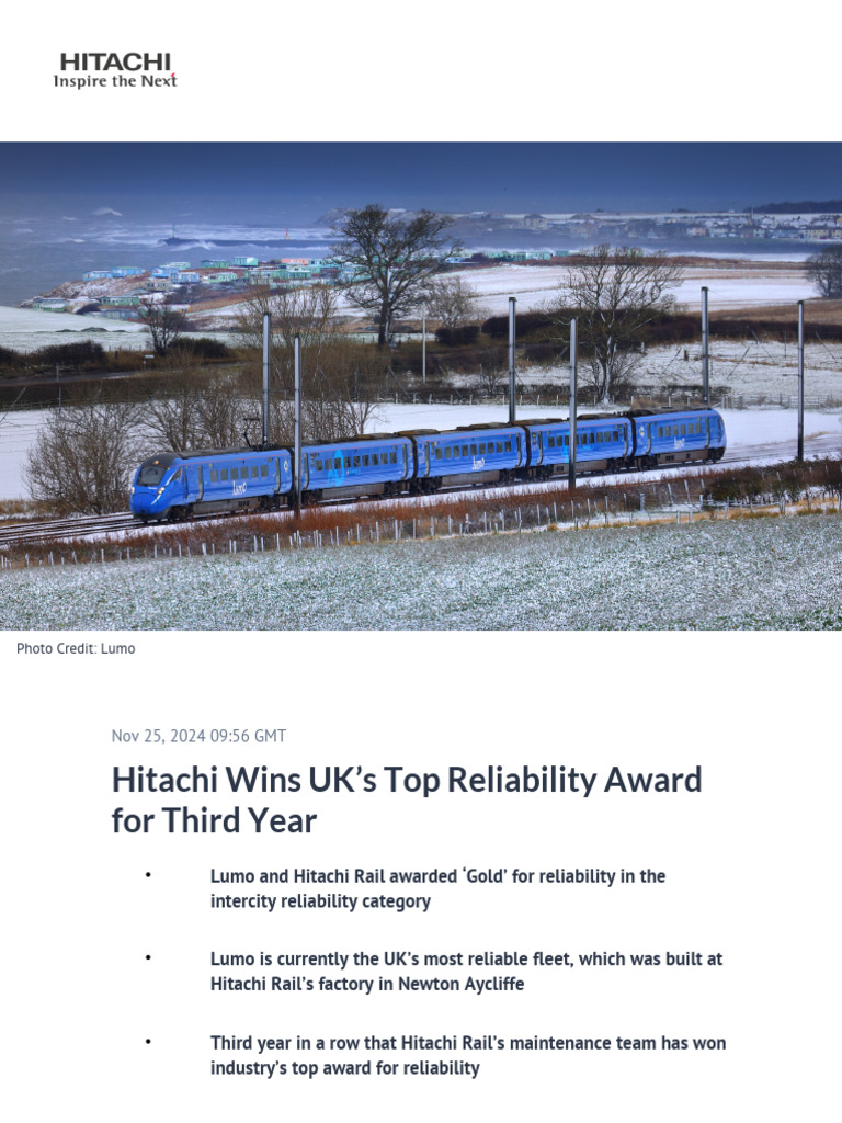 Hitachi Rail Wins UK Reliability Award | PDF | Rail Transport | Train