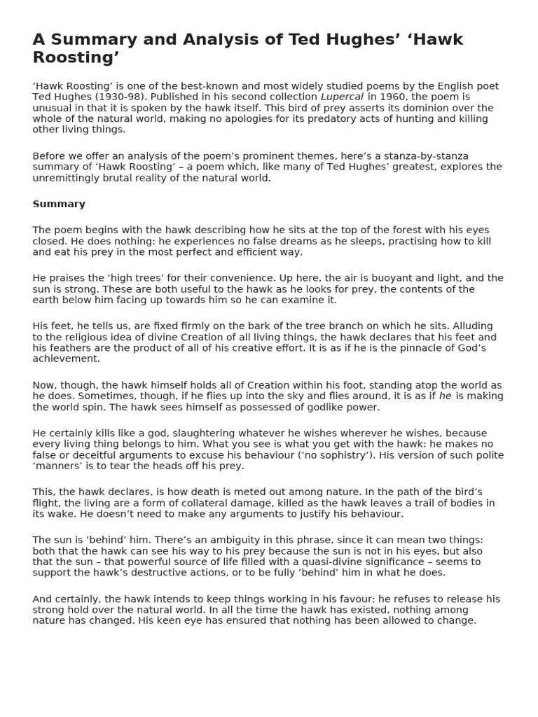 A Summary and Analysis of Hawk Roosting by Ted Hughes | PDF | Poetry