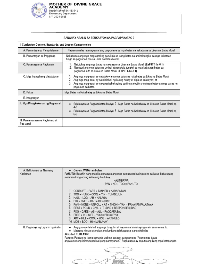 Banghay Aralin Sa ESP 9 | PDF