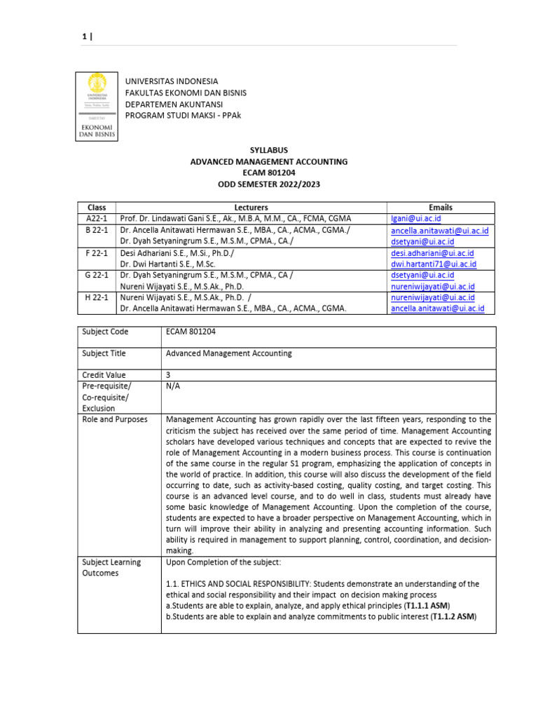 Biaya PPAK UI 2022/2023 Syllabus | PDF | Cost Accounting | Decision Making
