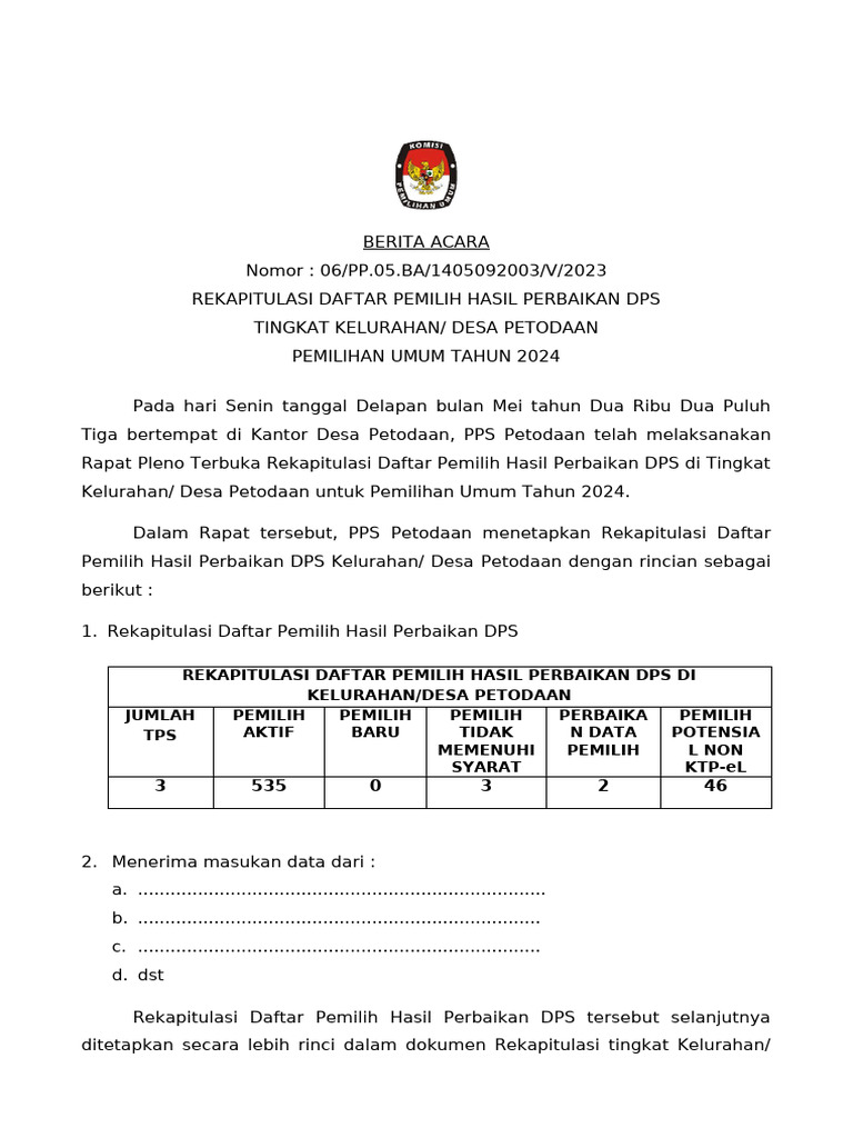 BA Rekap DPSHP PPS-1 | PDF