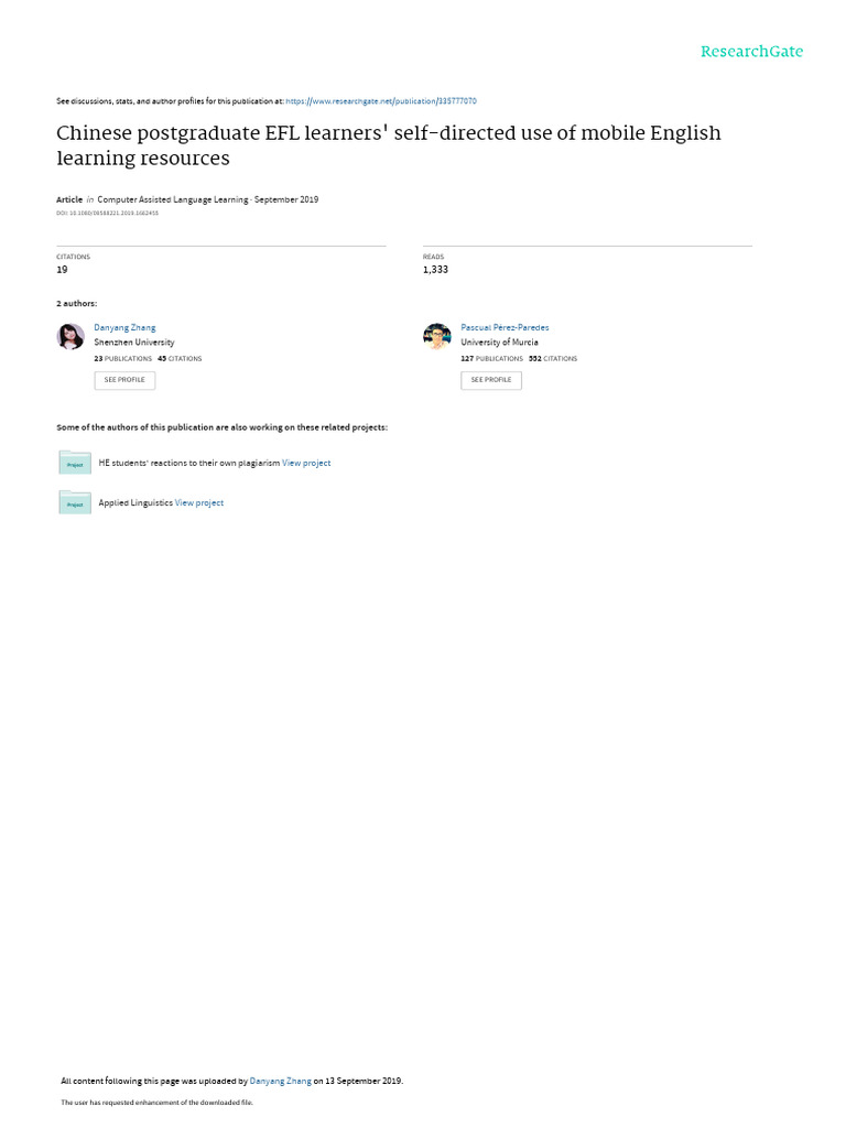 Chinese Postgraduate Efl Learners Self Directed Use Of Pdf Cognitive Science Cognition