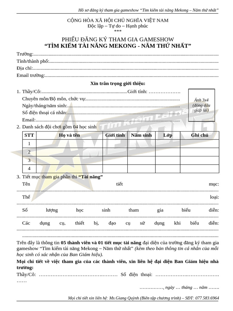 Phieu Dang Ky Tham Gia Tim Kiem Tai Nang Mekong 2023 | PDF