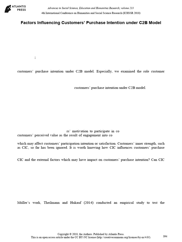 Factors Influencing Customers' Purchase Intention Under C2B Model | PDF | Risk | Usability