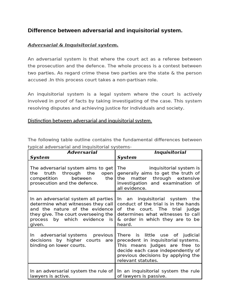 Difference Between Adversarial and Inquisitorial System | PDF | Trials ...