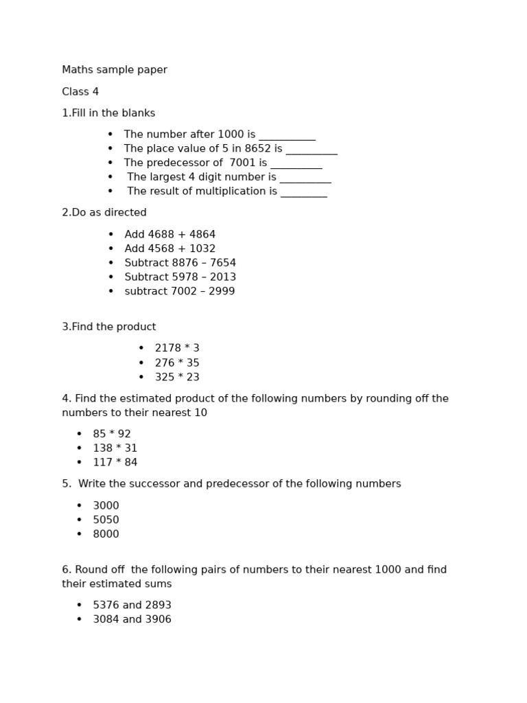 Maths Model Paper Grade 4 | PDF