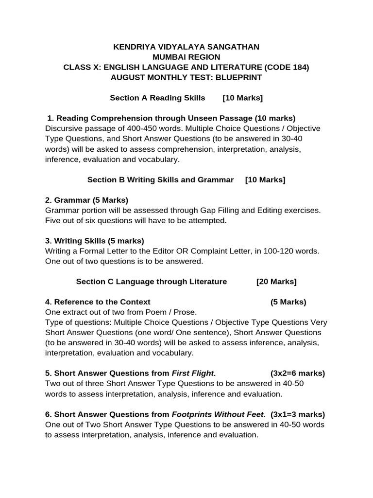 Blueprint and Syllabus For August Monthly Test | PDF