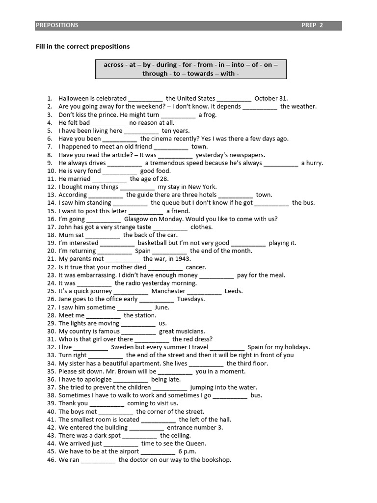 Preposition Exercises | PDF