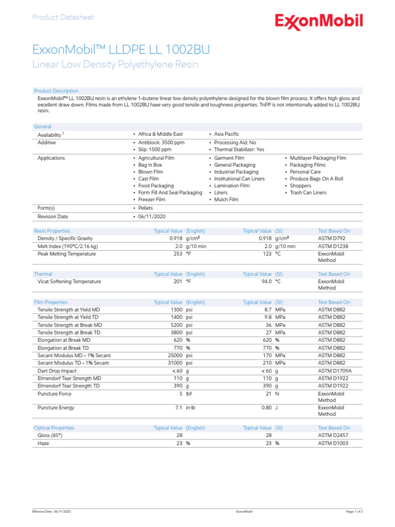 ExxonMobil™ LLDPE LL 1002BU | PDF | Polyethylene | Pascal (Unit)