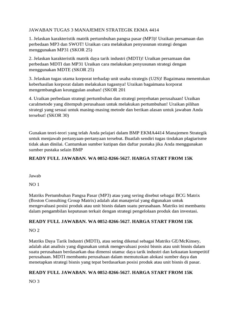 Jawaban Tugas 3 Manajemen Strategik Ekma 4414 | PDF