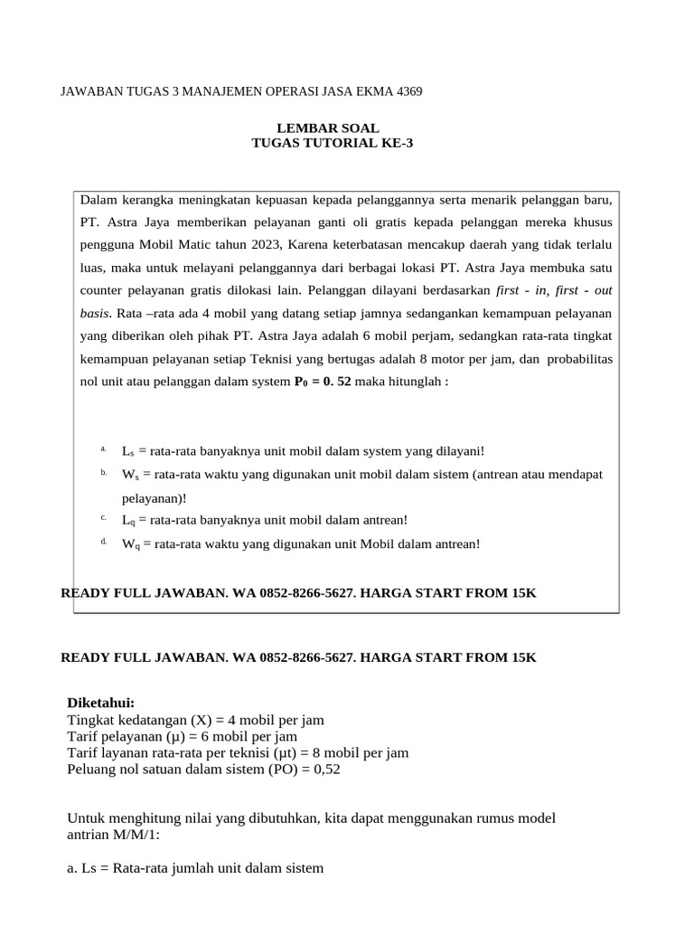 Jawaban Tugas 3 Manajemen Operasi Jasa Ekma 4369 | PDF