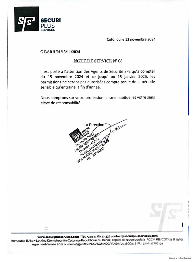 Note de Service Portant Permission | PDF
