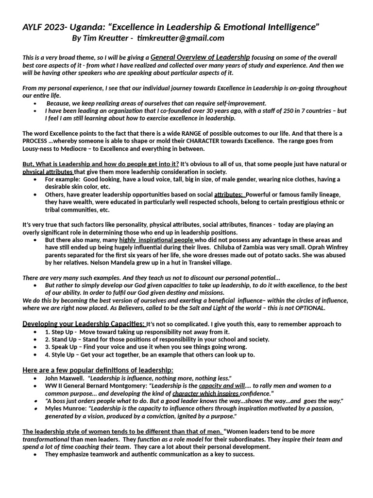 AYLF Leadership and Emotional Intelligence Uganda 2023 | PDF | Emotions | Servant Leadership