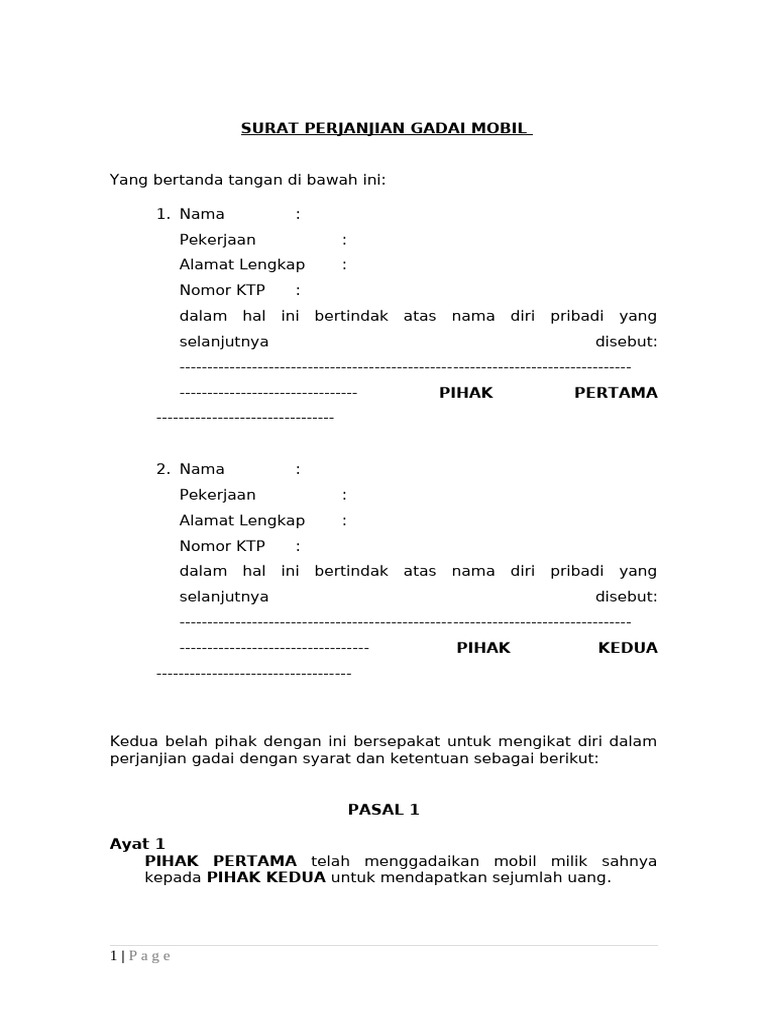 Surat Perjanjian Gadai Mobil | PDF
