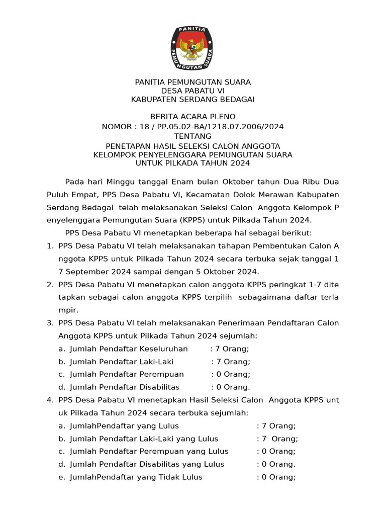 0 Berita Acara PPS Penetapan Hasil Seleksi KPPS Desa Pabatu Vi Baru | PDF