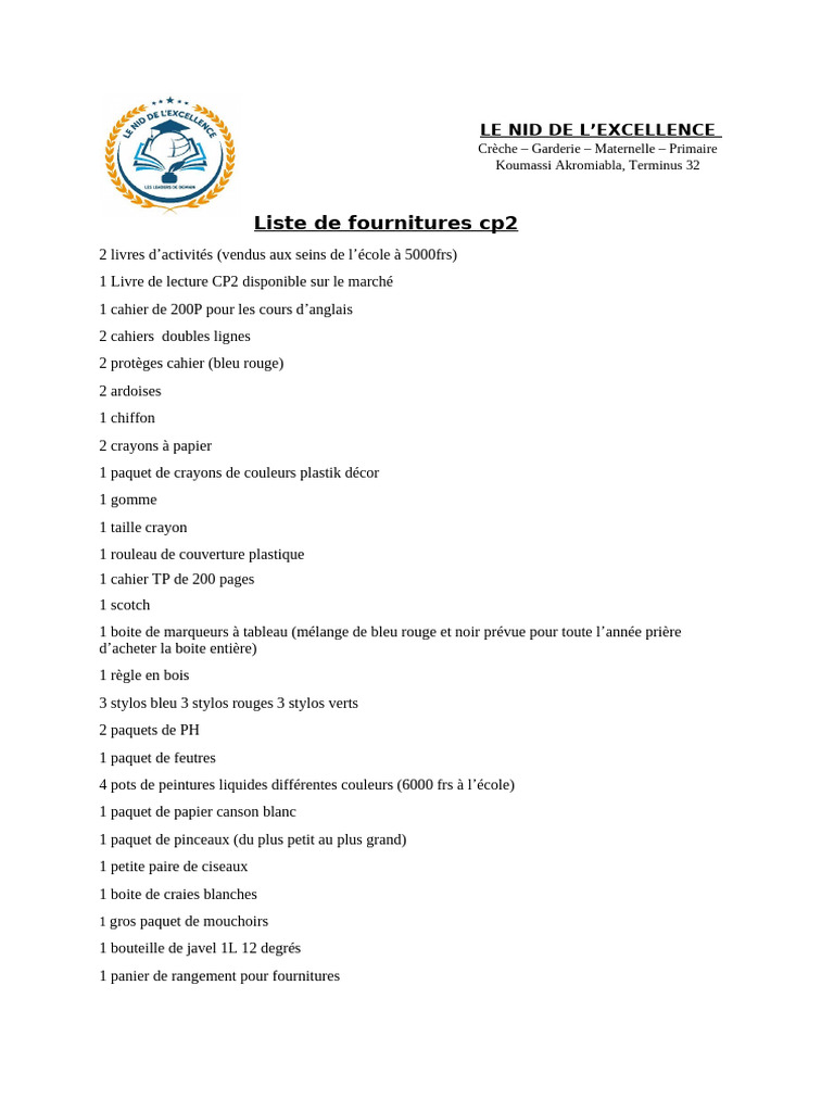 Liste de fournitures scolaires CP2 | PDF