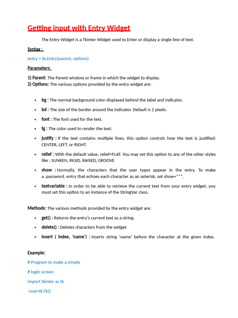 Getting Input With Entry Widget Syntax Pdf Software Engineering