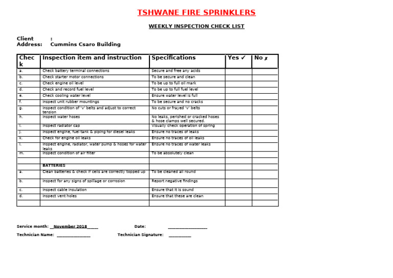 TFS Monthly Check List - Pump Room | PDF
