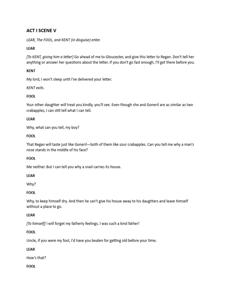 King Lear Dialogue Translations - ACT I Scene V | PDF