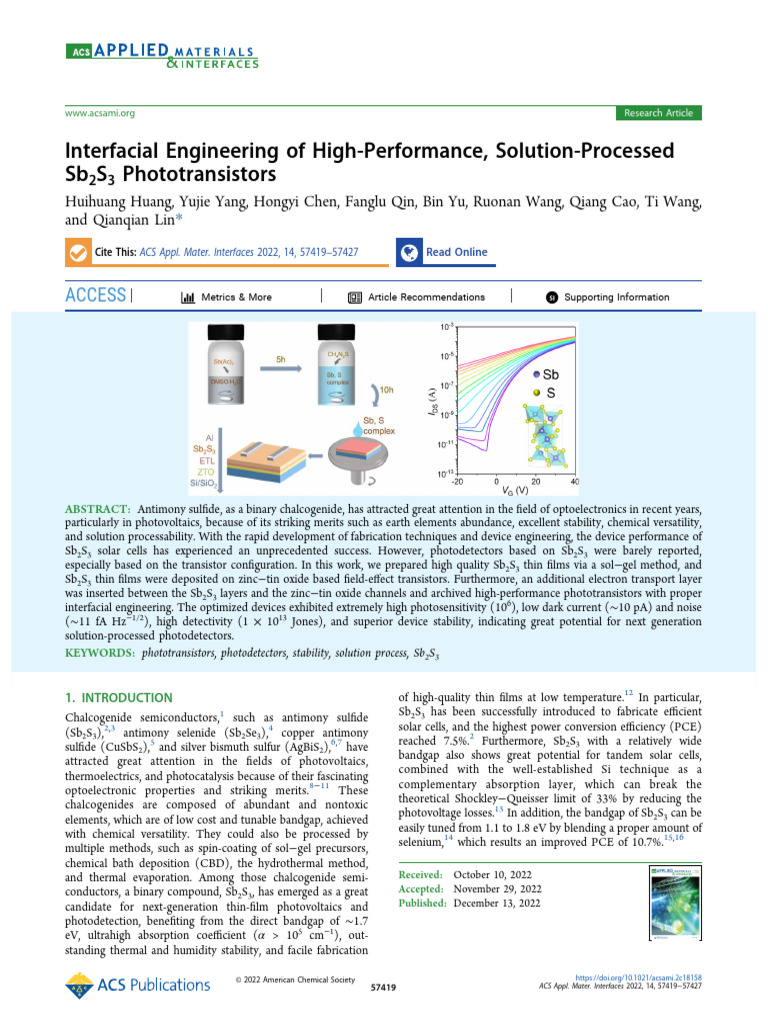 Interfacial Engineering of High-Performance, Solution-ProcessedSb2S3 Phototransistors | PDF ...