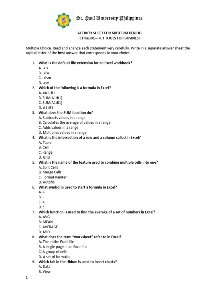 Activity Sheet 1 Midterm | PDF | Microsoft Excel | Computing
