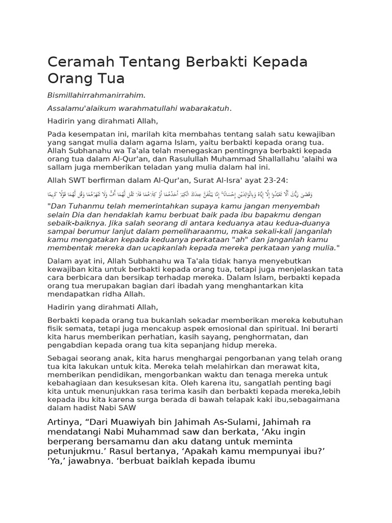 Ceramah Tentang Berbakti Kepada Orang Tua | PDF