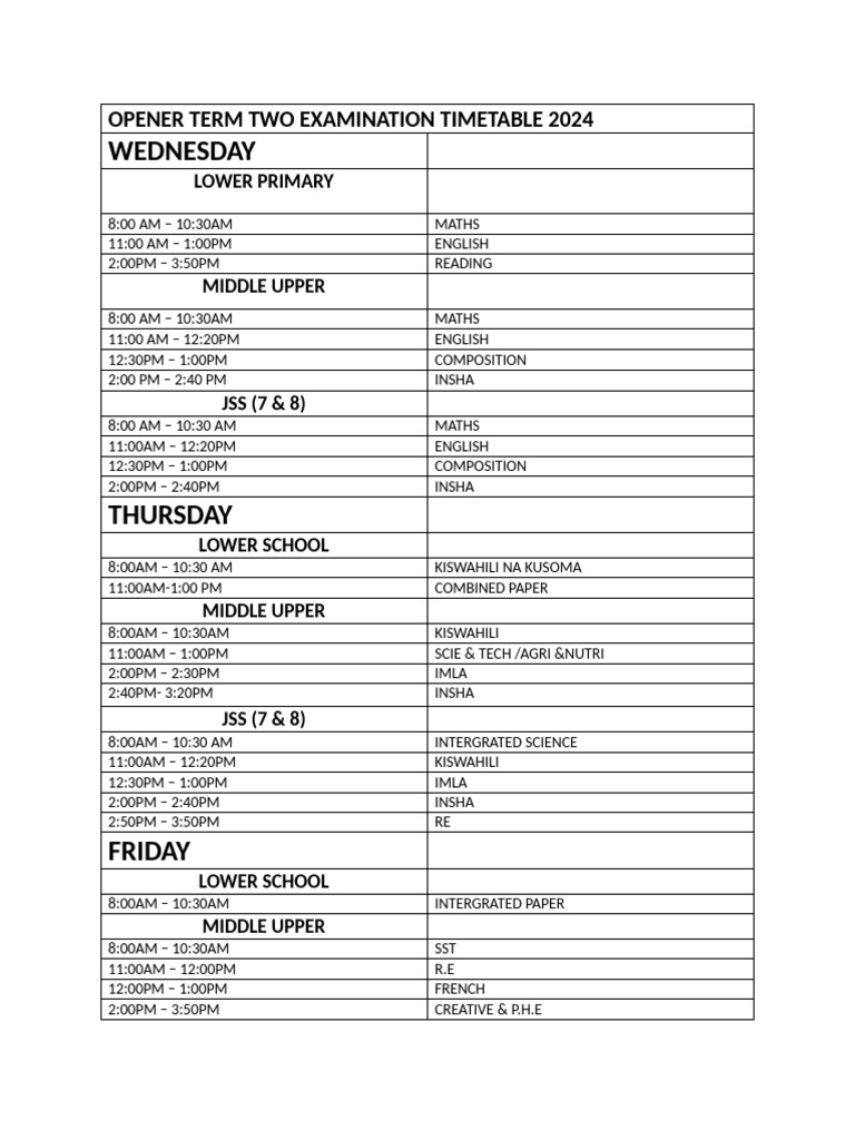 Opener Term Two Exam Timetable 2024 | PDF
