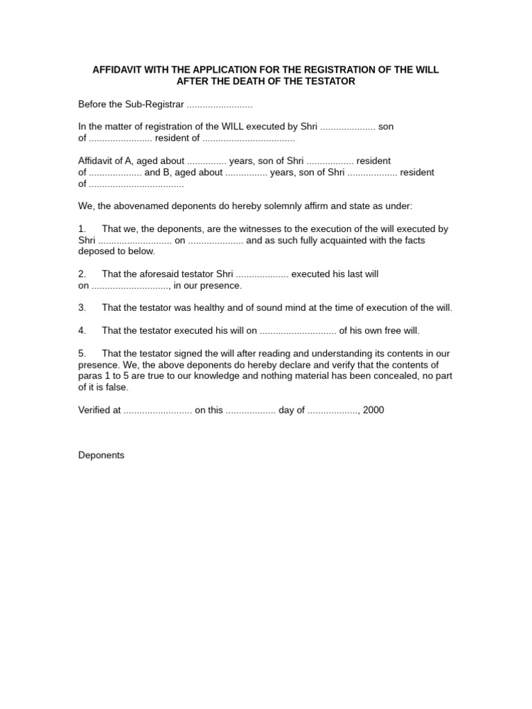 Affidavit For The Registration of The Will After The Death of The ...