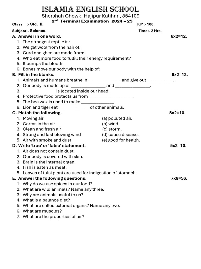 Class 2 Science Exam Paper 2024-25 | PDF