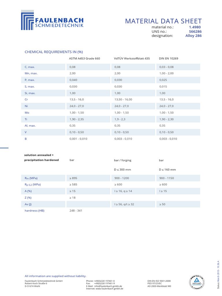 ASTM A453 (Aço INOX A286) | PDF | Materials | Sets Of Chemical Elements