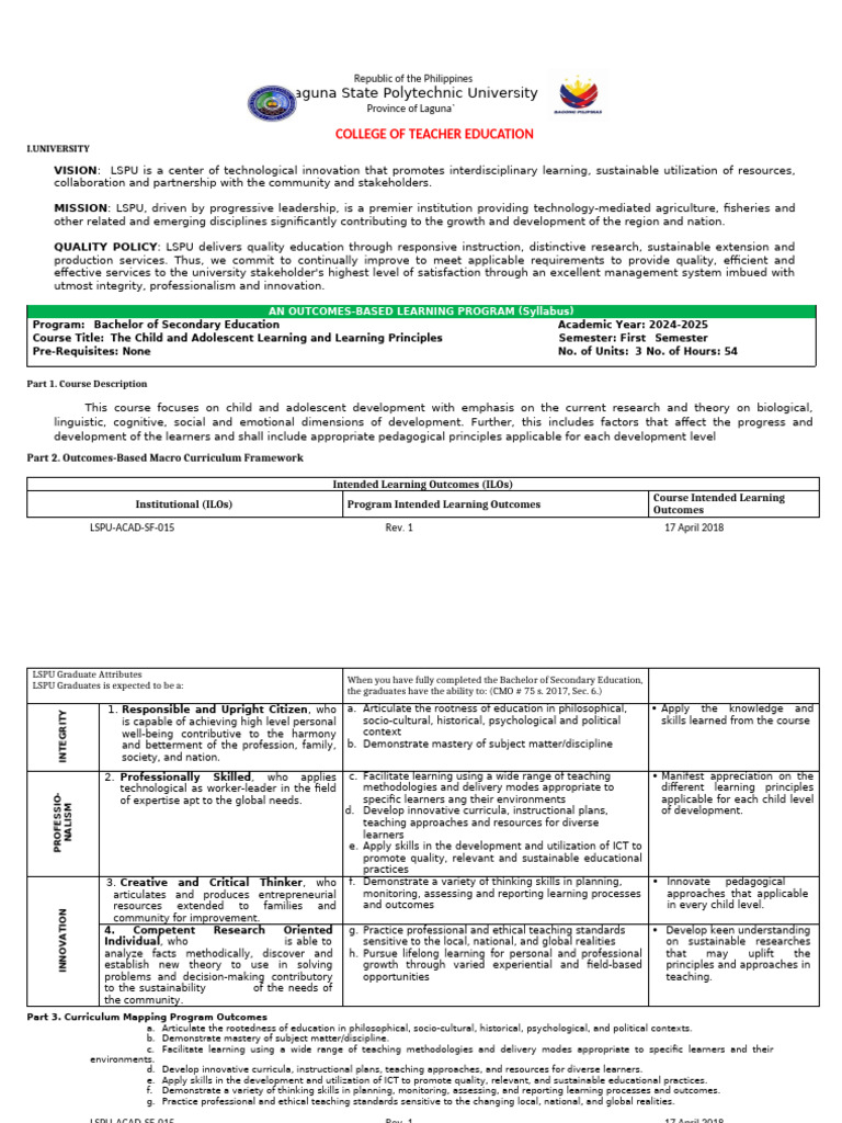 Prof Ed 1. Syllabus First Semester 2024 25 | PDF | Learning | Adolescence