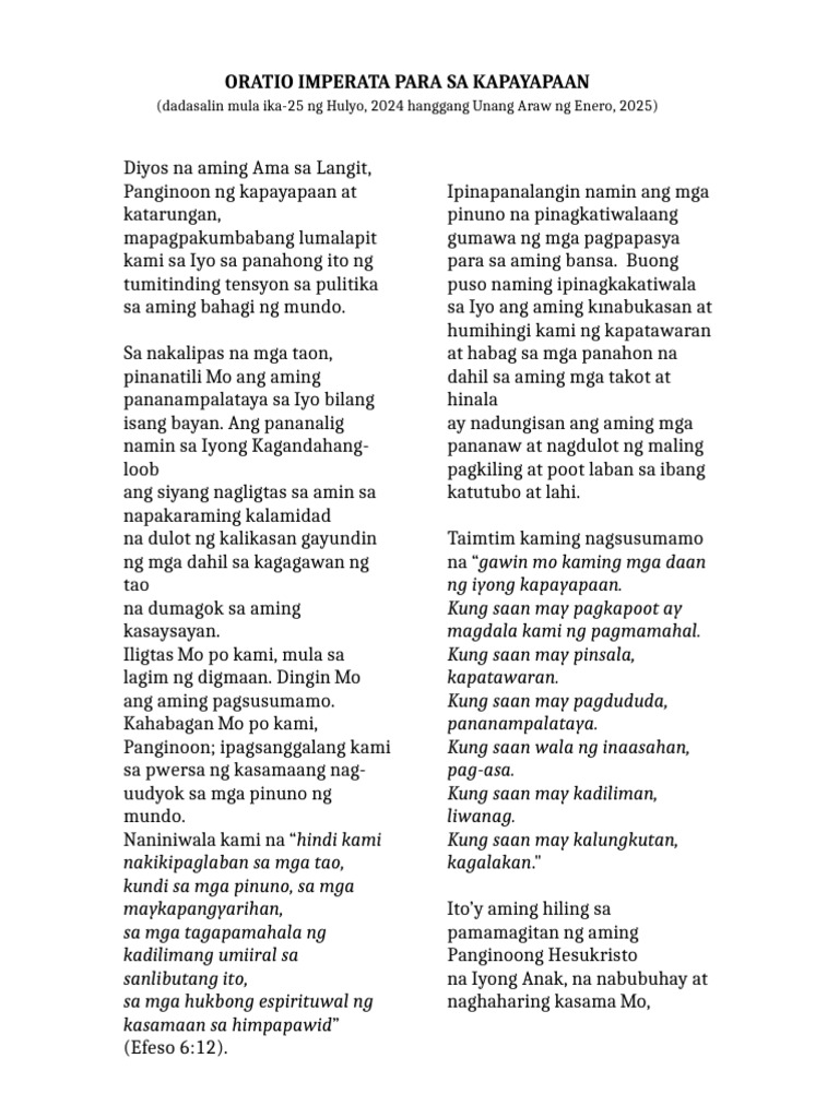 CBCP 2024 - Oratio Imperata para Sa Kapayapaan - 2 Columns | PDF