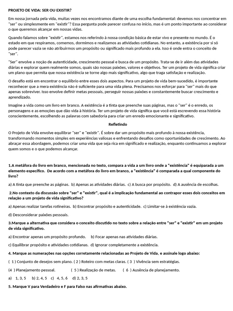 Avaliação Projeto De Vida 6 7 8 9 Pdf Vida Autoestima