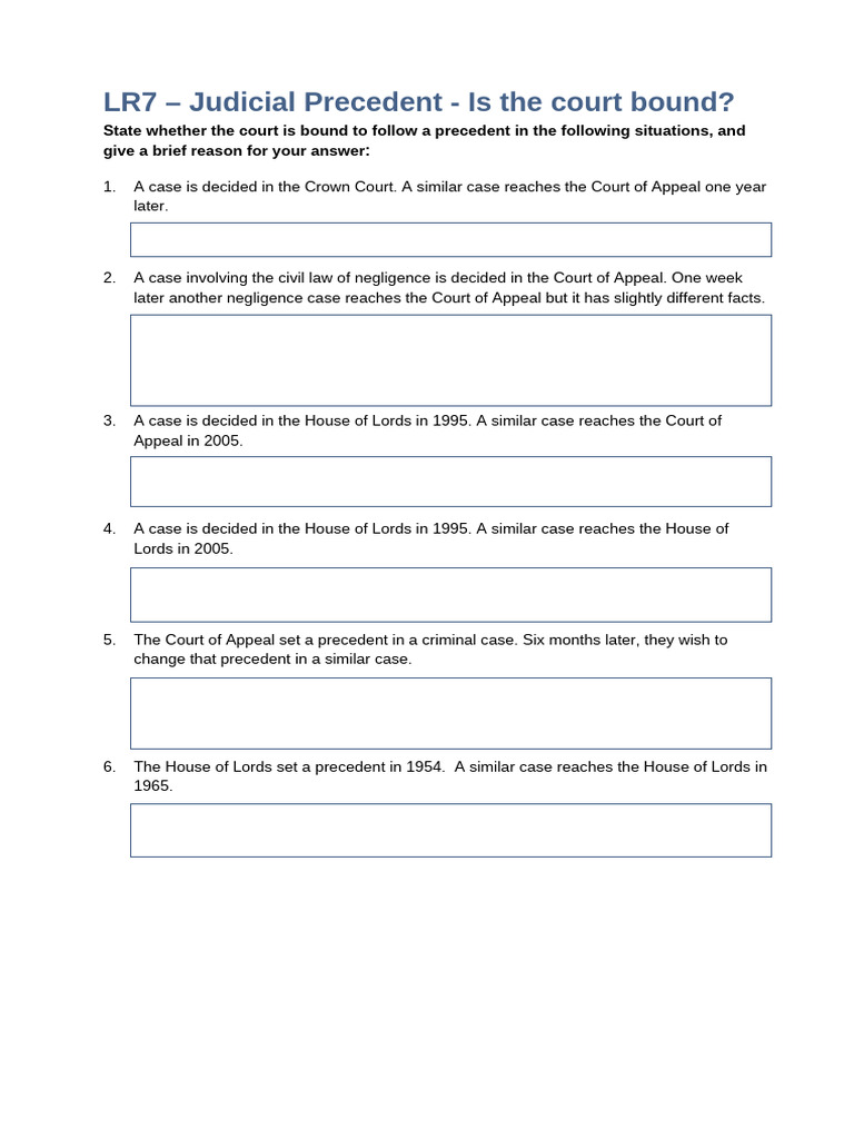 Judicial Precedent WorksheetLR7 | PDF