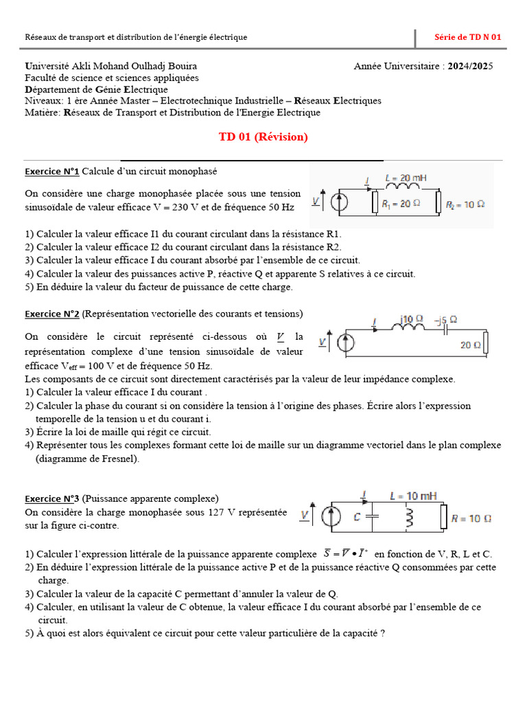 Série de TD1 2024 2025 | PDF | Puissance apparente | Réseau électrique
