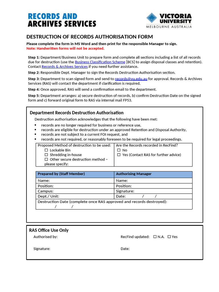 Destruction of Records Authorisation Form v1 d1 | PDF | Computing