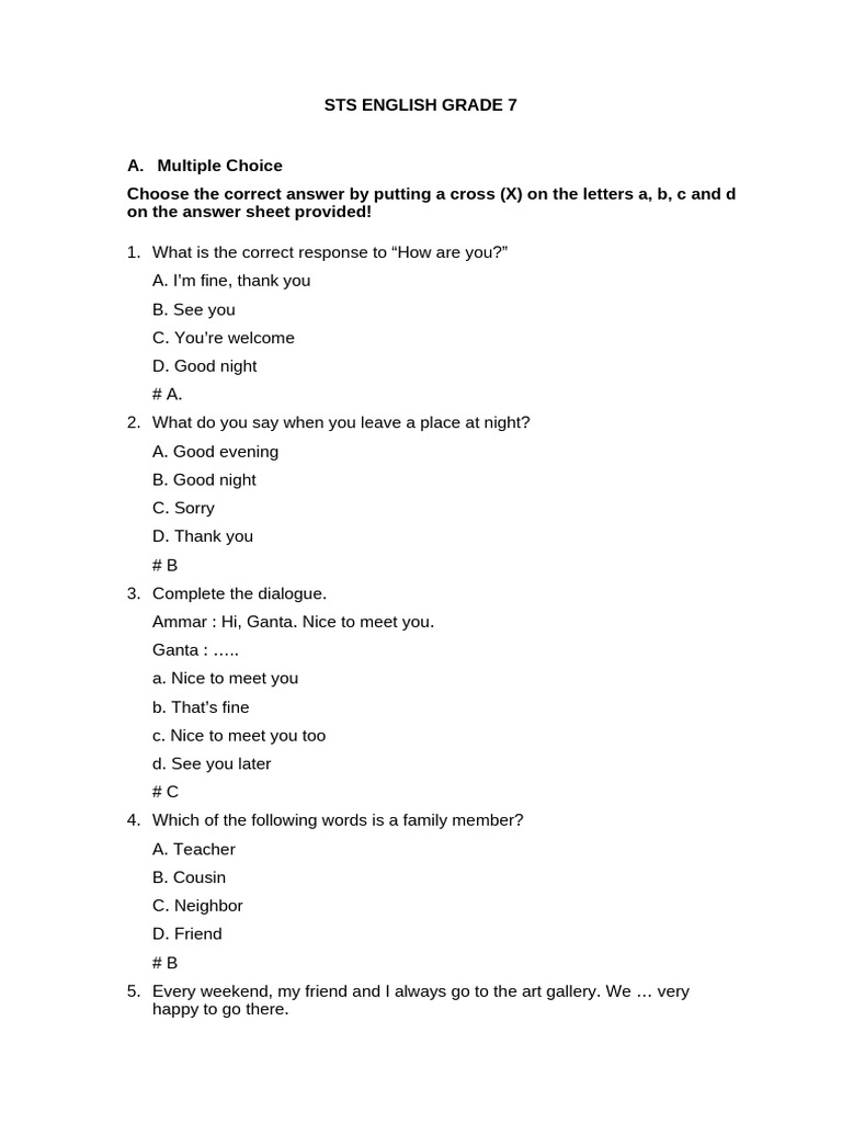 Grade 7 English Test: Multiple Choice & Essay | PDF | Cakes | Desserts